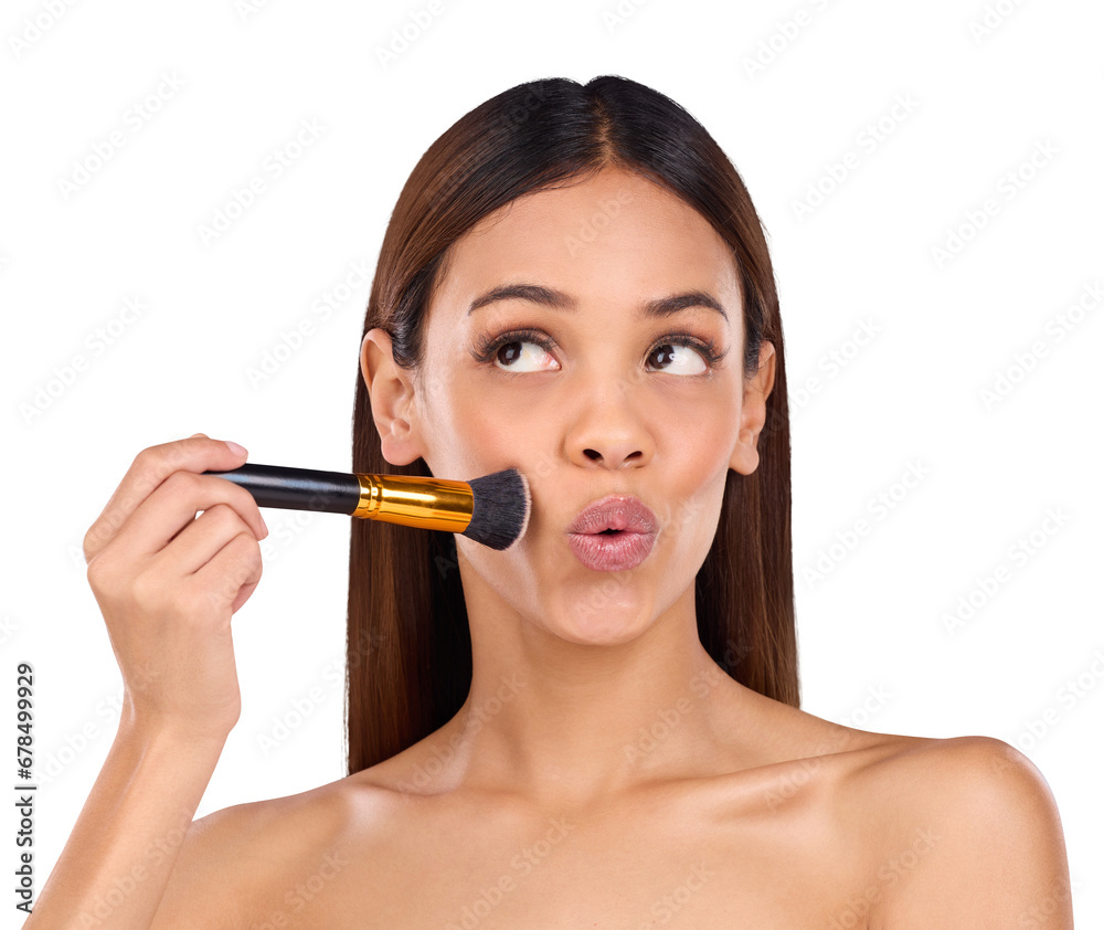 Beauty, makeup and brush with woman, cosmetics and grooming isolated on ...