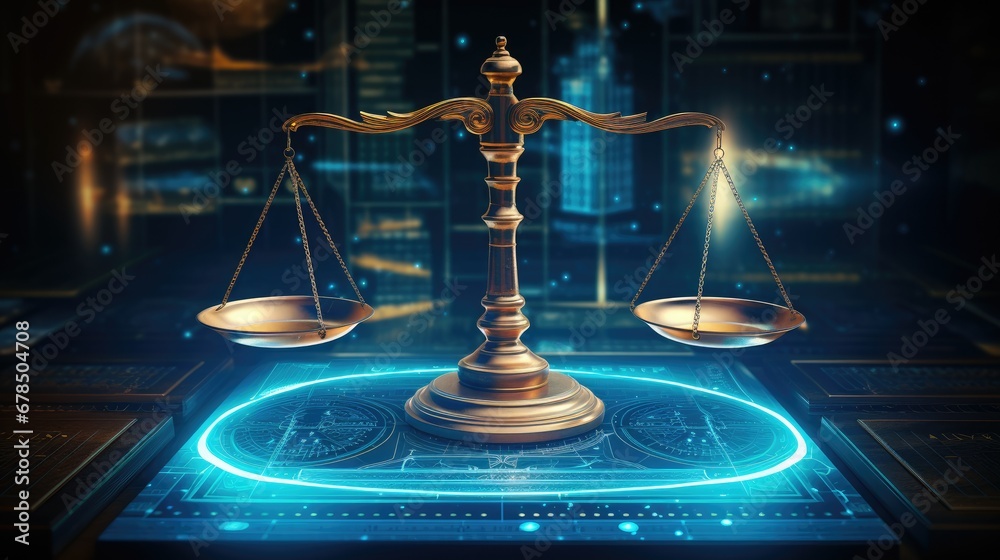 Futuristic scales of justice with a level scale illuminated by a blue ...