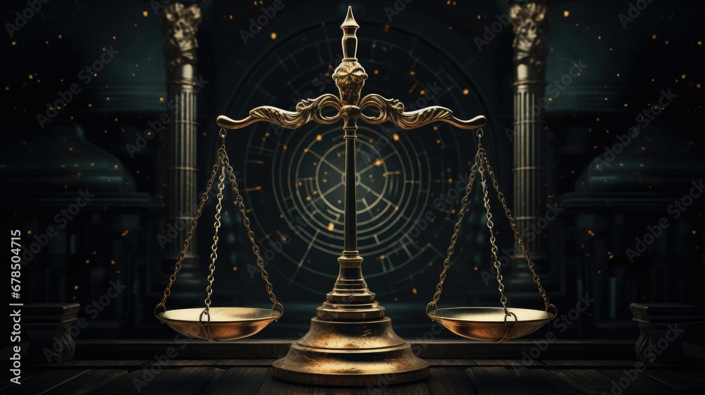 Futuristic scales of justice with a level scale illuminated by a blue ...