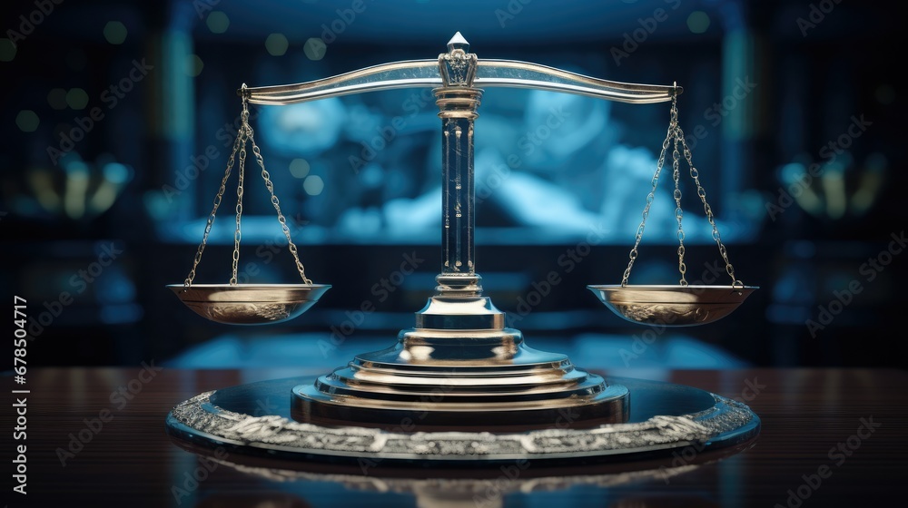 Futuristic scales of justice with a level scale illuminated by a blue ...