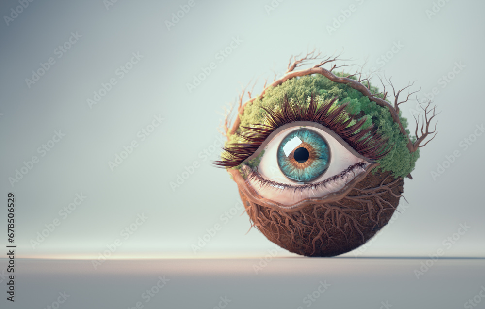 Human eye with vegetation on it in a studio background. Nature and ...