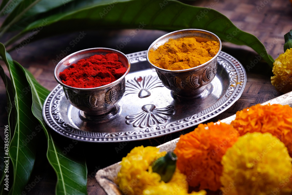 India's tradition Turmeric (Haldi) powder and kumkum powder in silver ...