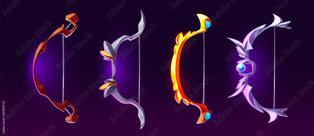 Fantasy bows set isolated on black background. Vector cartoon ...