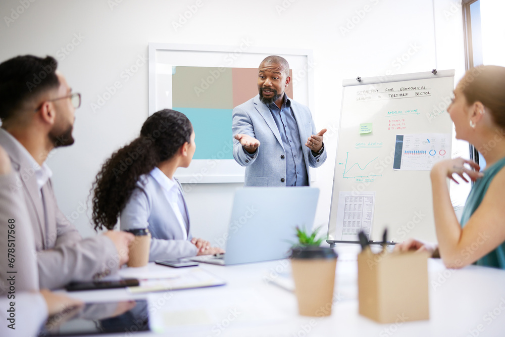 Photo Art Print Presentation whiteboard business people meeting and black man speech report or teaching group team or clients Allistair peopleimages