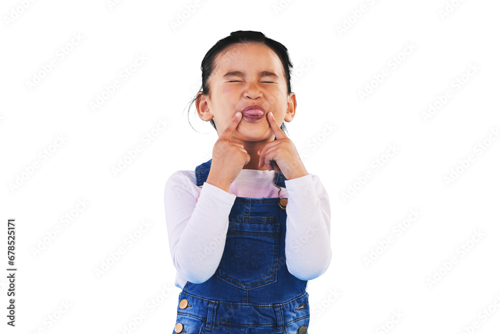 Isolated girl child, funny face or tongue for joke, humor or raspberry ...