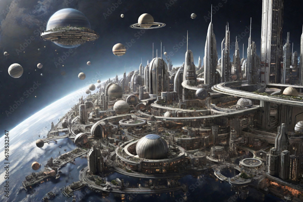 Render of modern city in the space. Created using generative AI tools ...