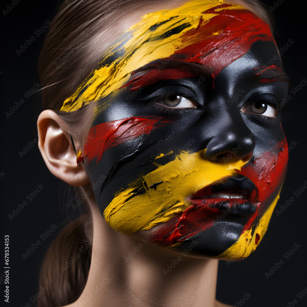 German woman wearing the yellow, black , and red face paint colors of ...