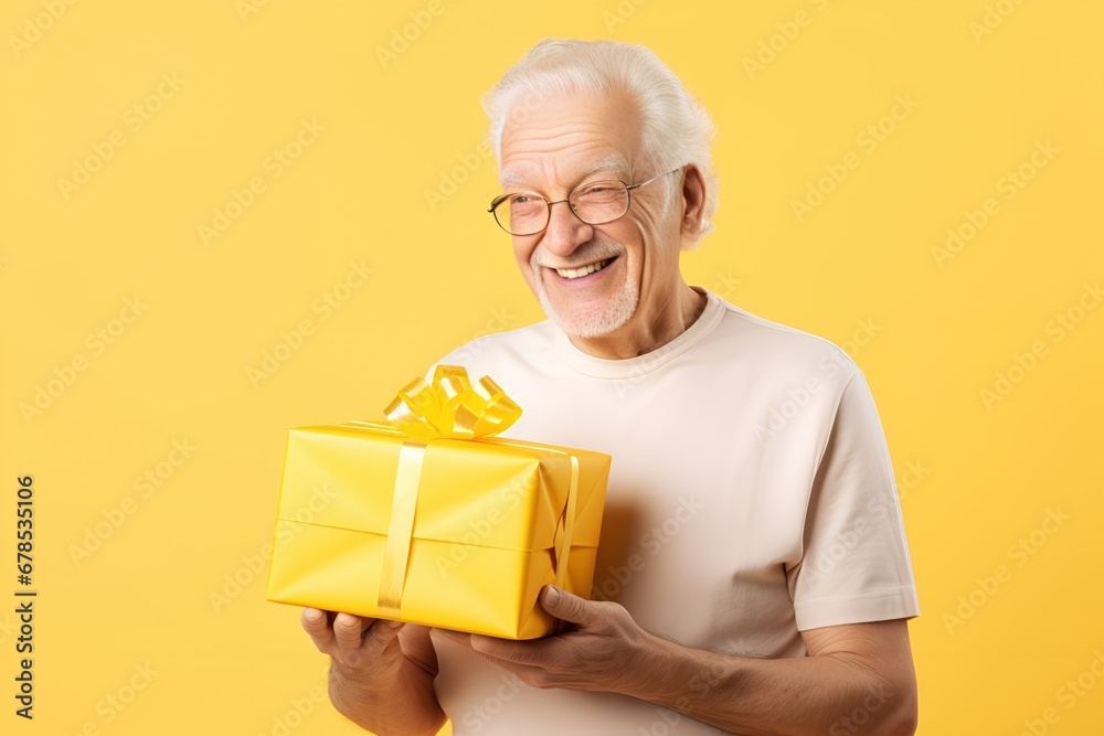 Portrait of a happy fictional old man holding a wrapped box for a ...