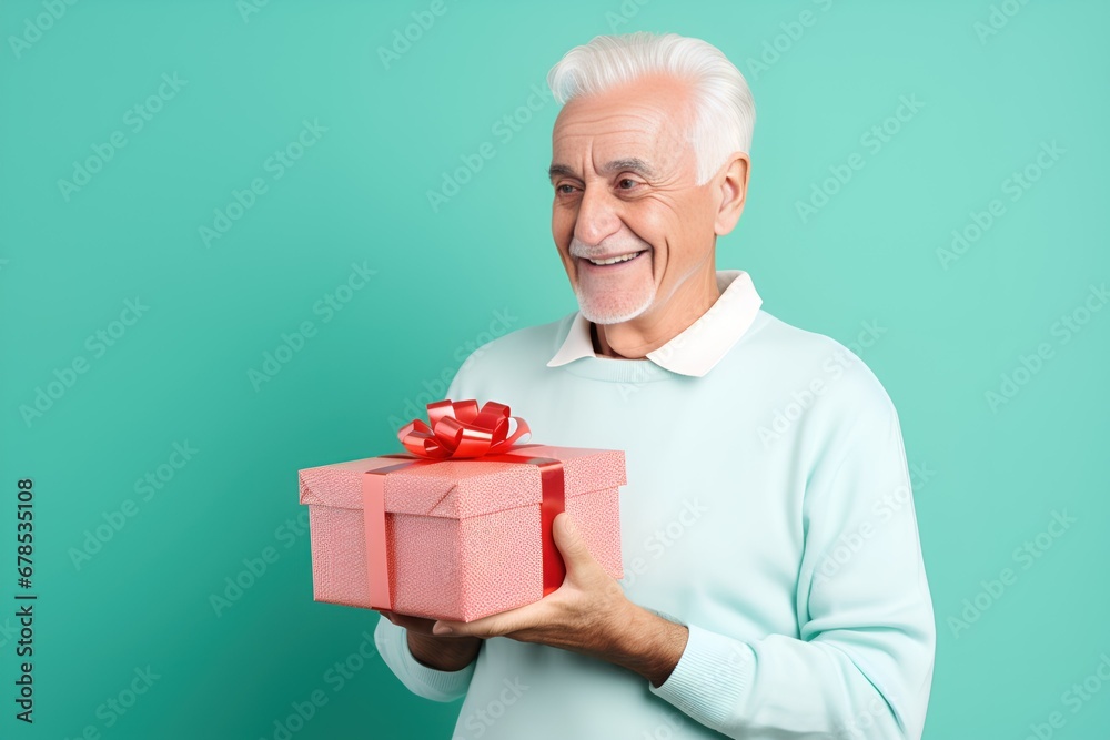 Portrait of a happy fictional old man holding a wrapped box for a ...