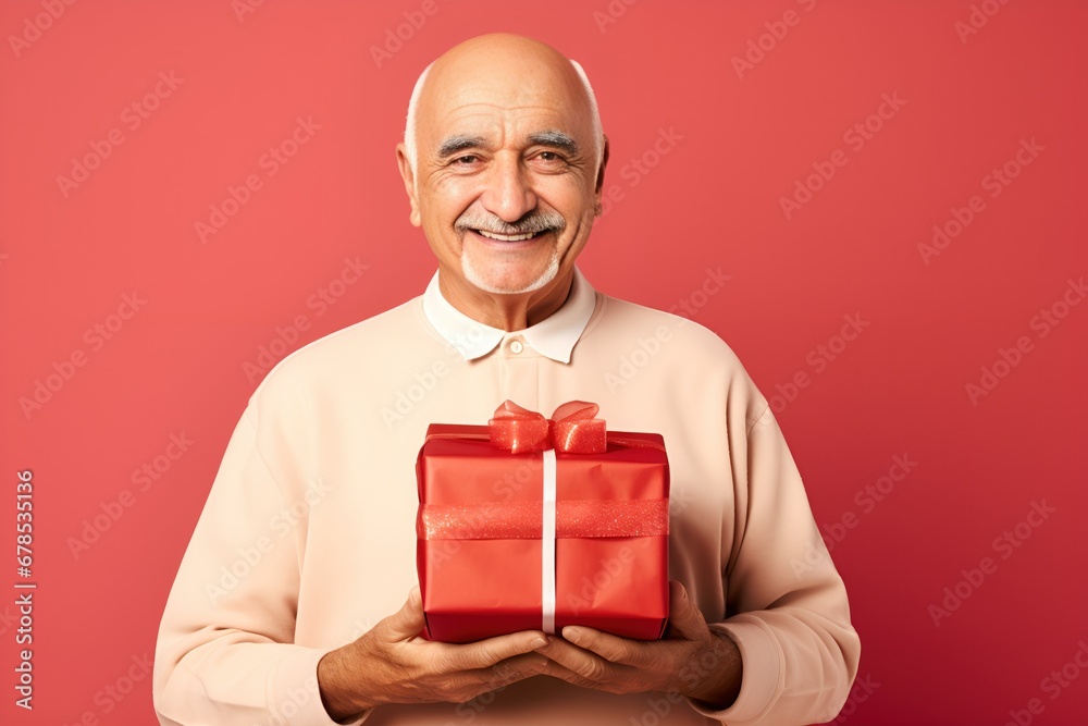 Portrait of a happy fictional old man holding a wrapped box for a ...