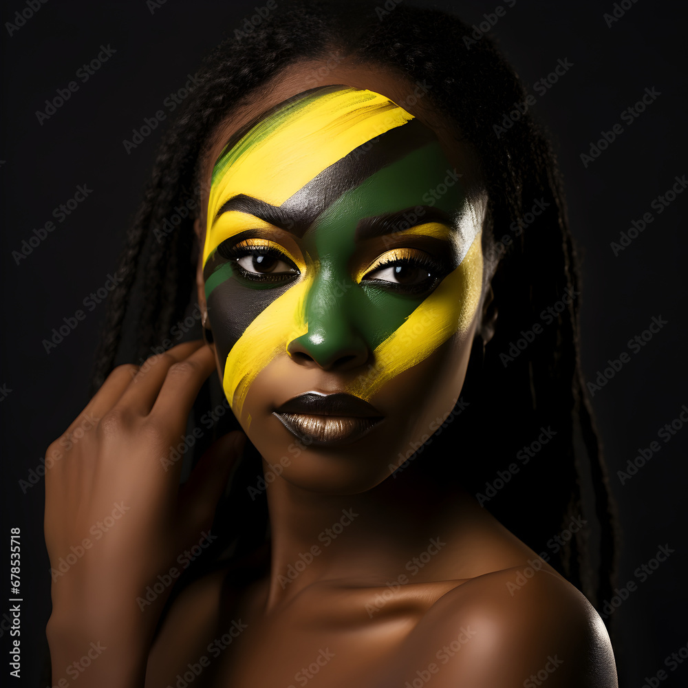 Jamaican woman wearing facepaint of the yellow, green, and black ...