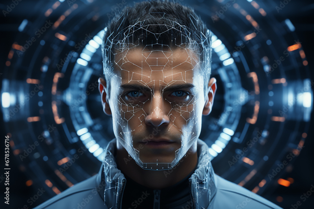 Face recognition technologies. Scanning of the face of a young man ...