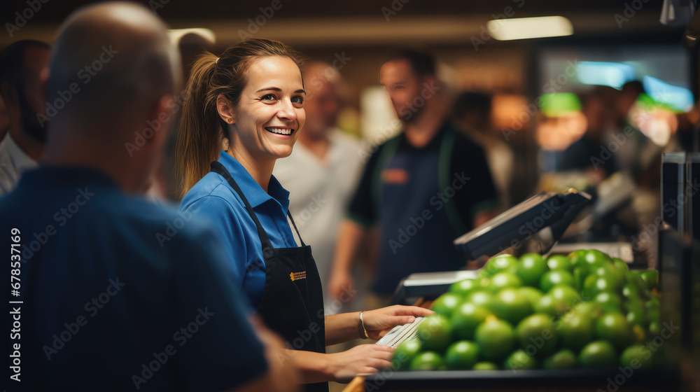 Smiling young woman cashier in uniform in a supermarket. Job invitation ...