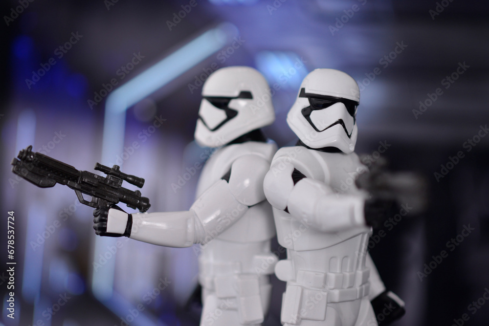 Storm troopers stand ready in a cinematic space station scene ...