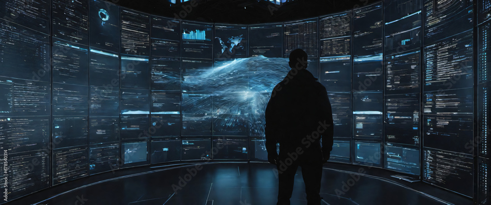 A silhouette of a person standing in front of a giant digital screen ...