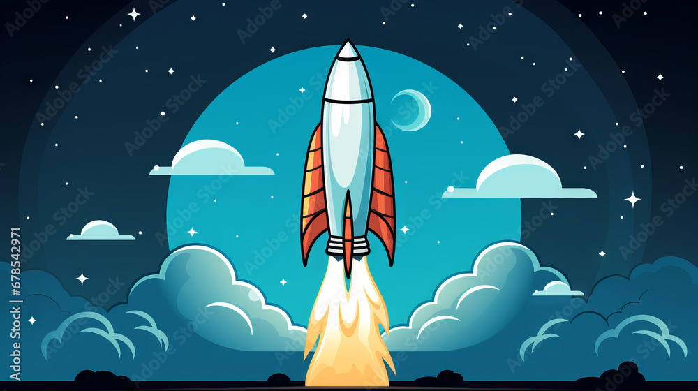 Whimsical cartoon rocket soaring through the starry cosmos on an exhilarating journey to the ...