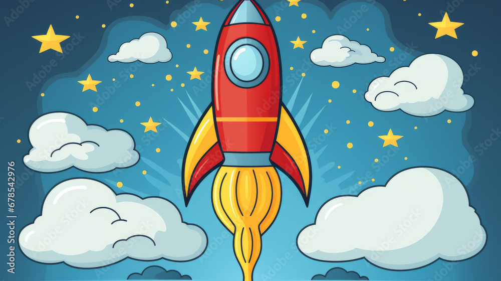 Cartoon rocket soaring through the starry cosmos on an exhilarating ...