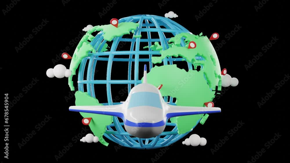 World map and plane 3D animation on transparent background, World ...