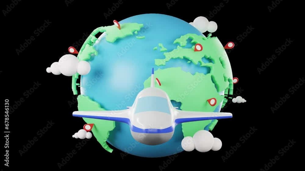 World map and plane 3D animation on transparent background, World ...