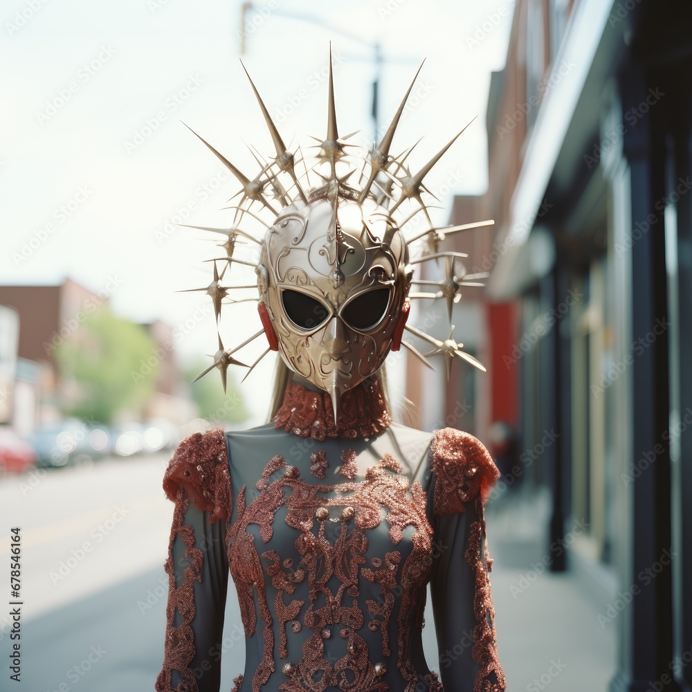 A model wearing fancy dress in Venetian style and a glittery bronze mask with spikes standing on ...