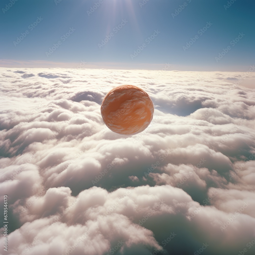 A levitating round object above the clouds. Sunlight, clouds, blue sky ...