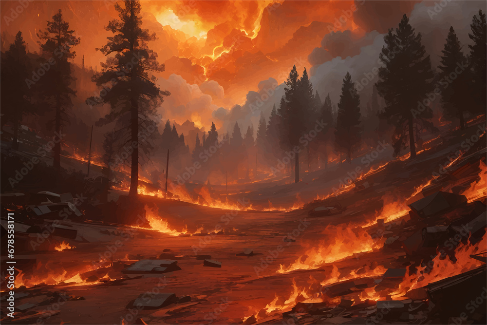 This image shows a forest fire at night. The fire is burning brightly ...