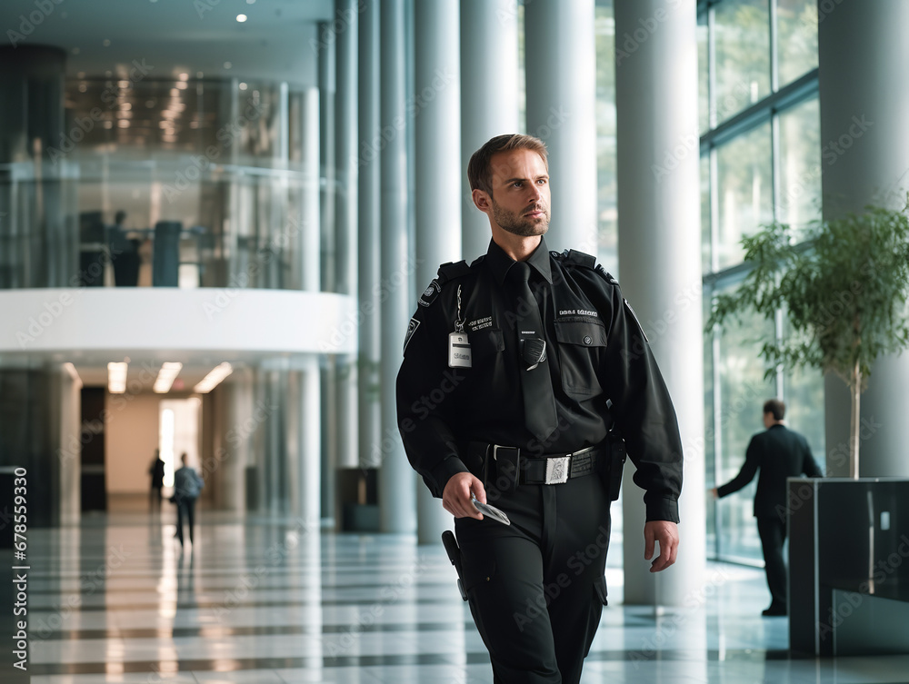 Photography, A security guard patrolling a corporate building, vigilant ...