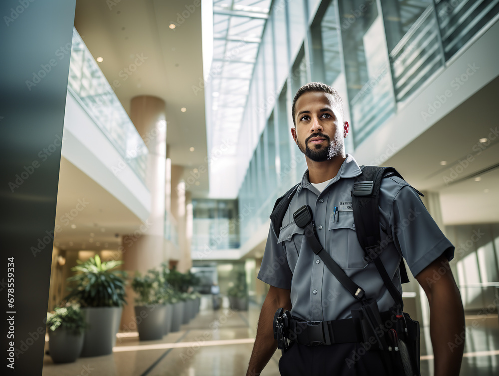 Photography, A security guard patrolling a corporate building, vigilant ...