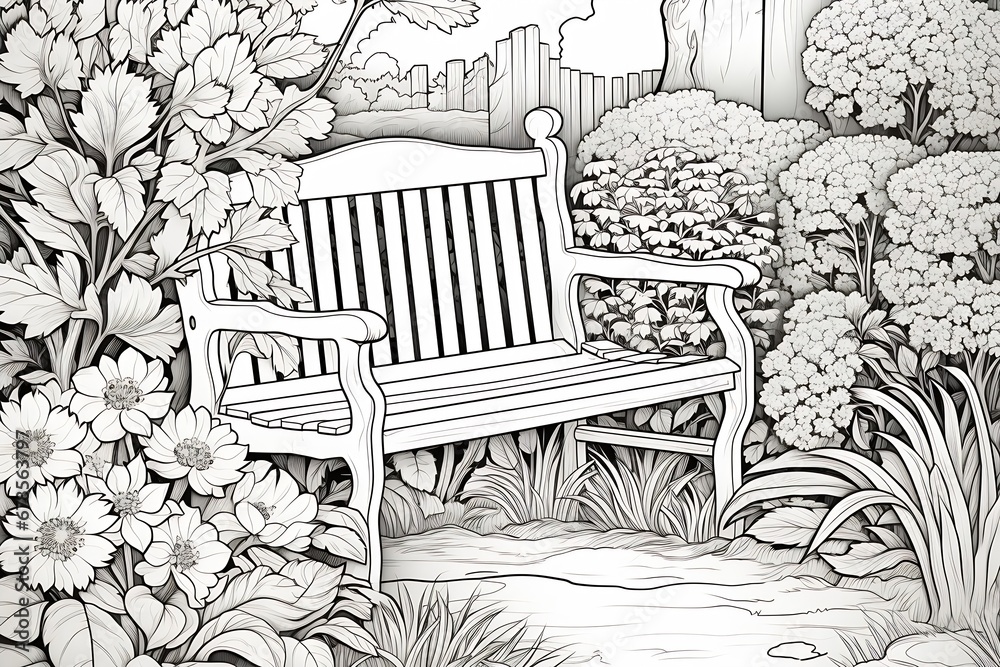 Generative AI : Coloring page for adults garden bench in cottage garden ...