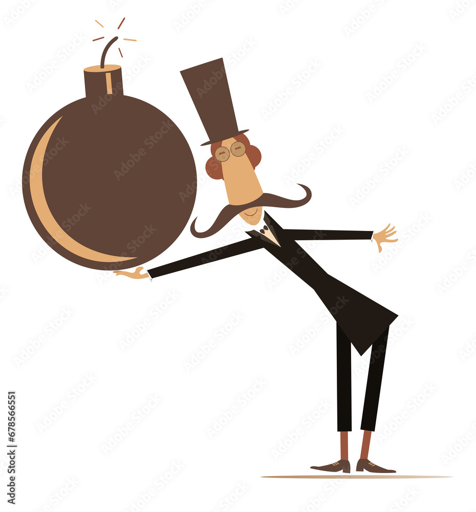 Cartoon man in the top hat holding a bomb. Bomb, fuse, wick, spark ...