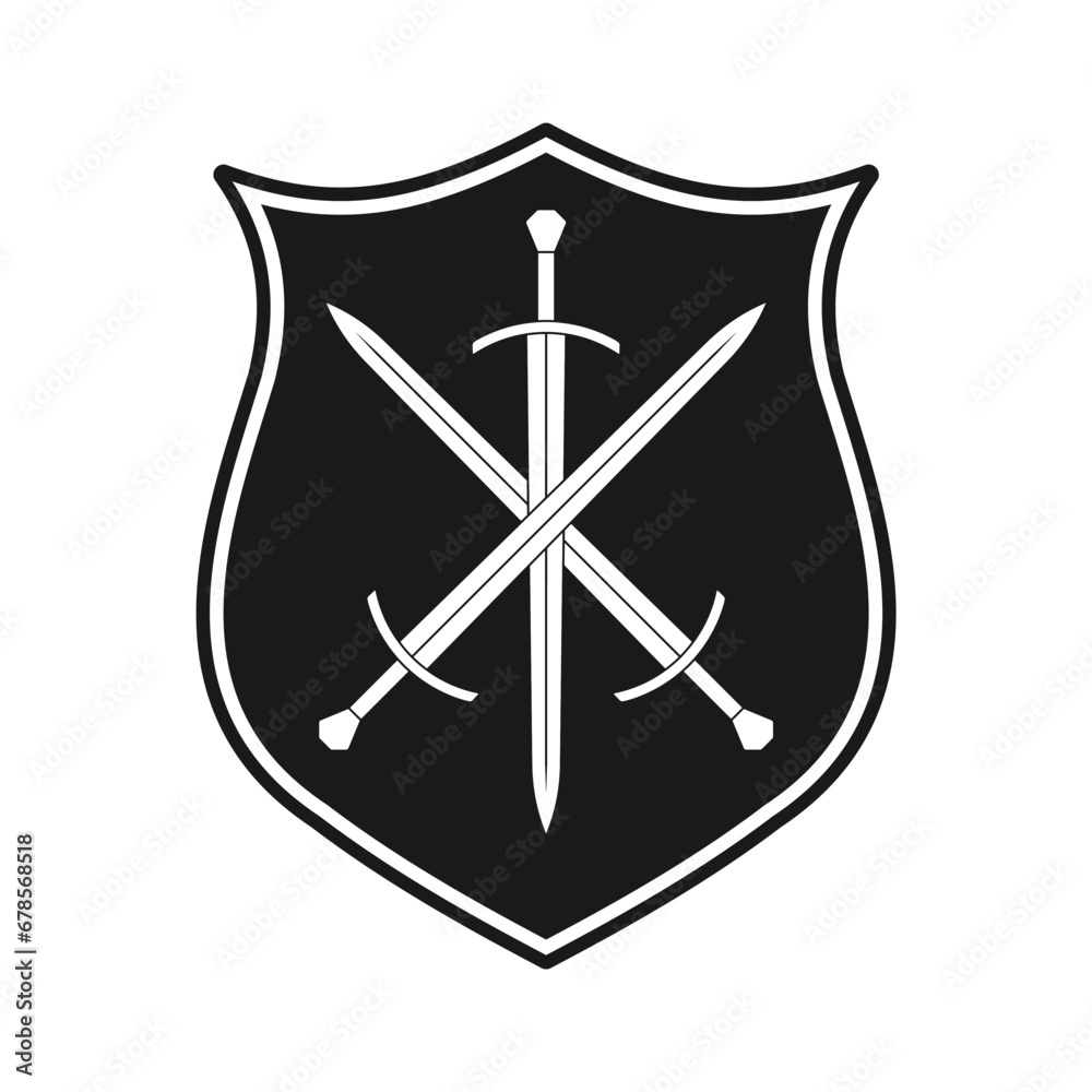 Shield and swords crossed icon. Coat of arms symbol. Sword heraldry ...