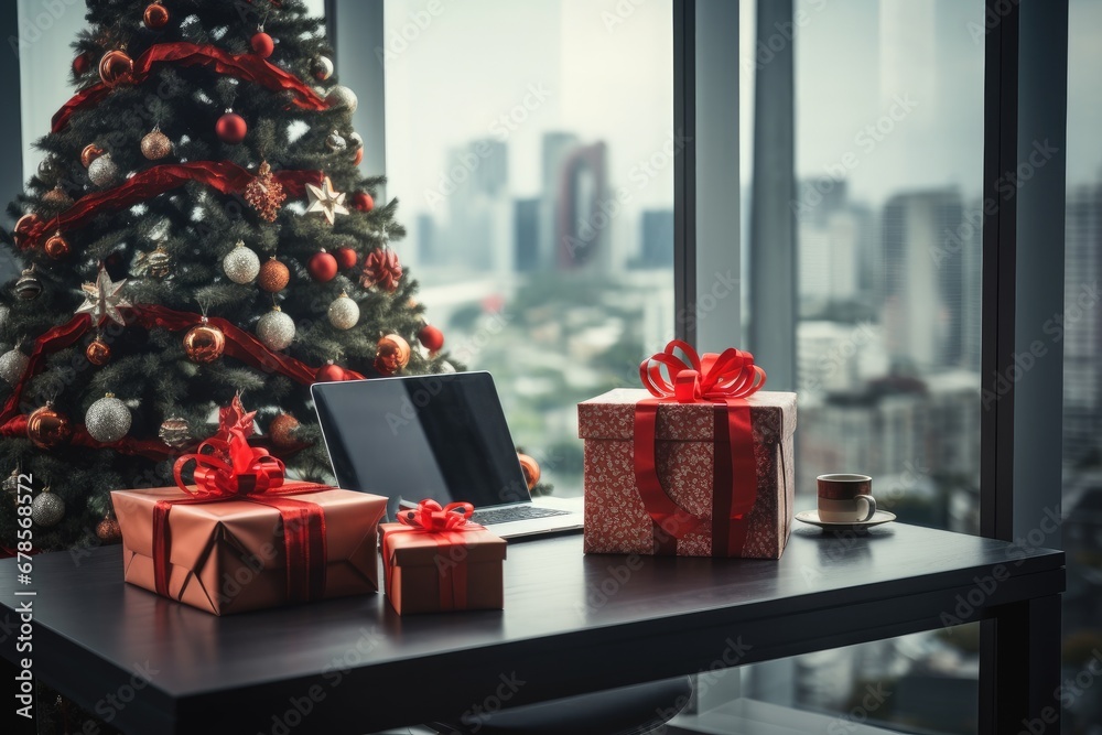 Workplace office decorate with Christmas and many gift box. Generative ...