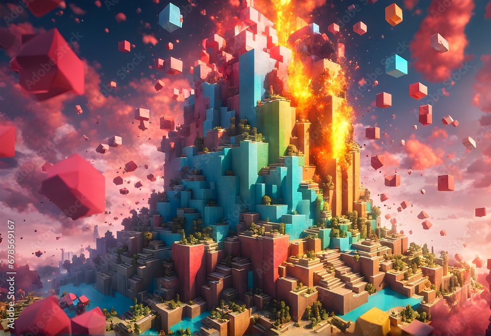 Exploding Minecraft voxels surface world. Minecraft colorful blocks ...