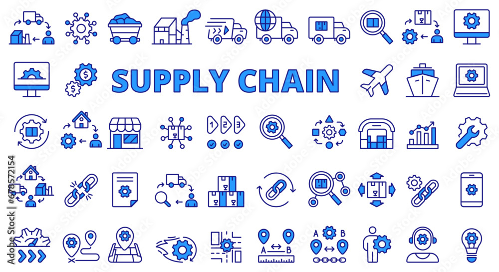 Supply chain icon set line design blue. Logistics, Distribution ...
