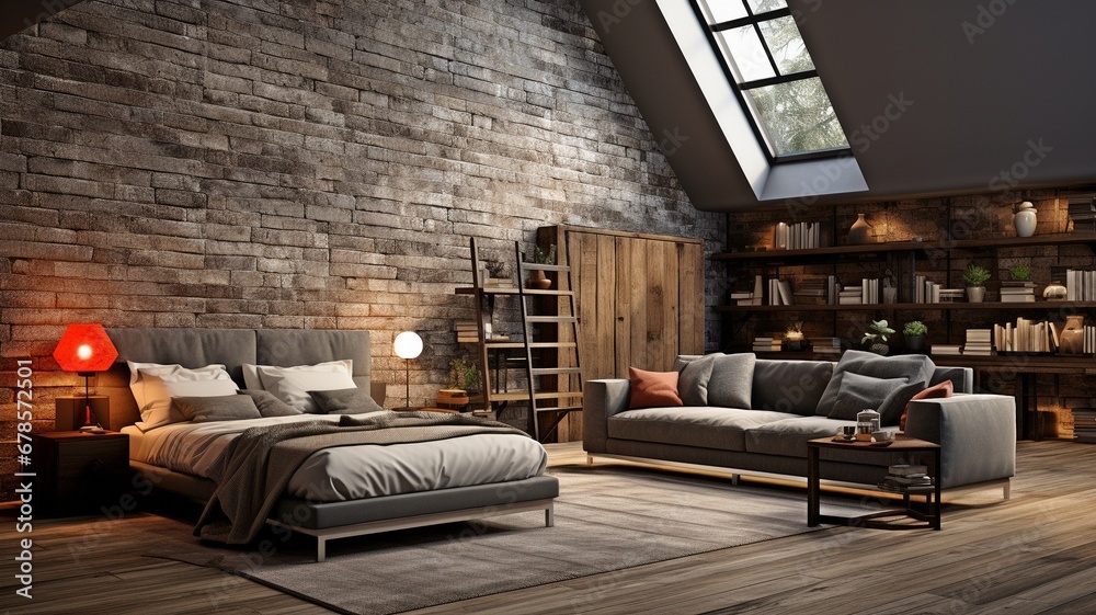 elegant studio apartment in a loft style with a dark color scheme and a ...