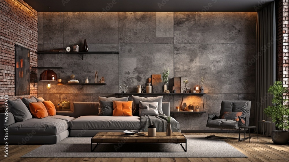 elegant studio apartment in a loft style with a dark color scheme and a ...