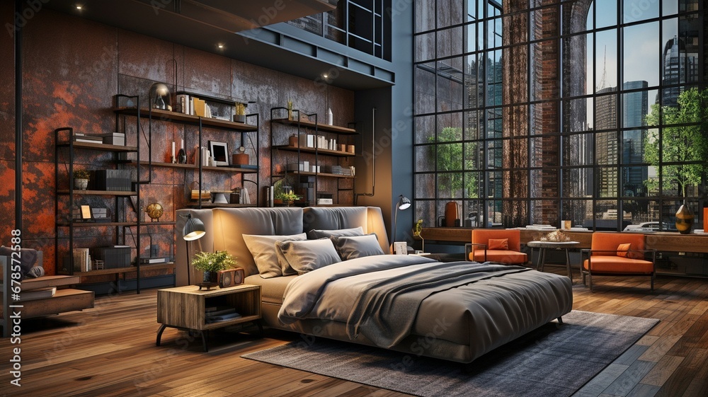 elegant studio apartment in a loft style with a dark color scheme and a ...