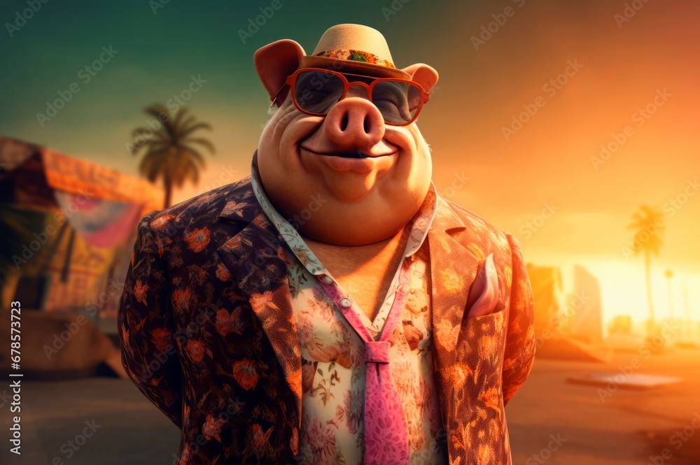 Filthy fat rich pig wearing sunglasses and summer hat. Dirty piggy in ...