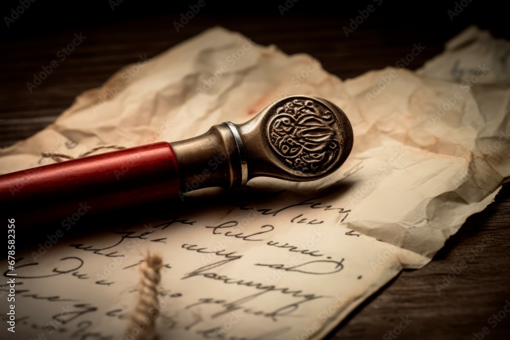 Closeup up photo of metal post stamp. Medieval wax seal secured ...