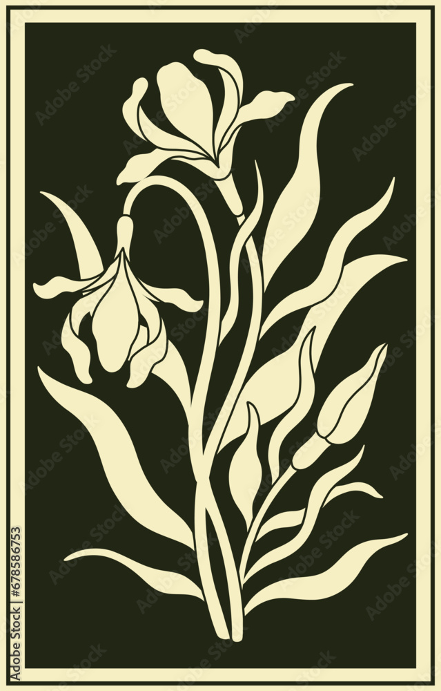 Floral iris design in art nouveau 1920-1930. Hand drawn iris style with ...
