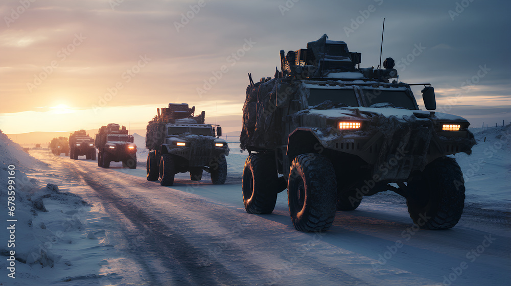 armored vehicle convoy, glowing citadel, setting sun, snow trails, post ...