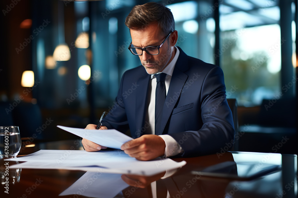 An insurance underwriter is thoroughly reviewing documents and ...