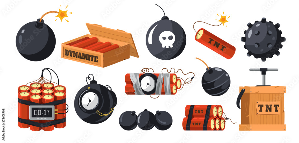 Dynamite and bombs. Cartoon military explosive devices, military ...