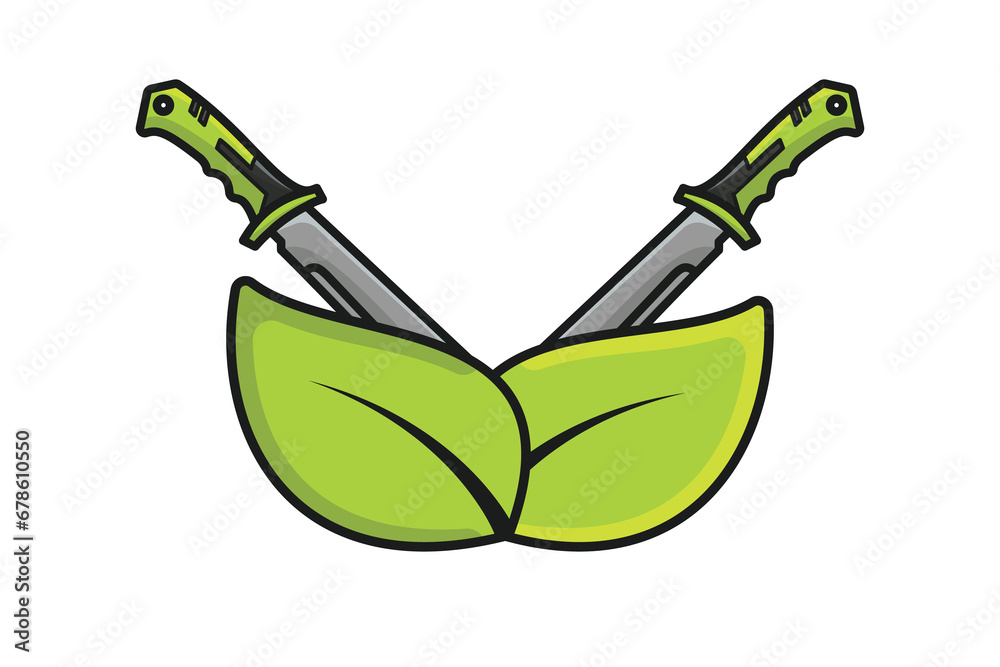 Metal Swords In Cross Sign with Herbal Green Leaves vector illustration ...