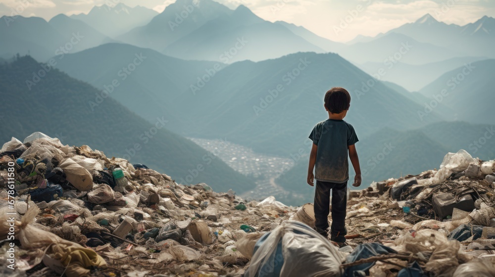 Behind the back of a child with a lot of garbage, little child and ...
