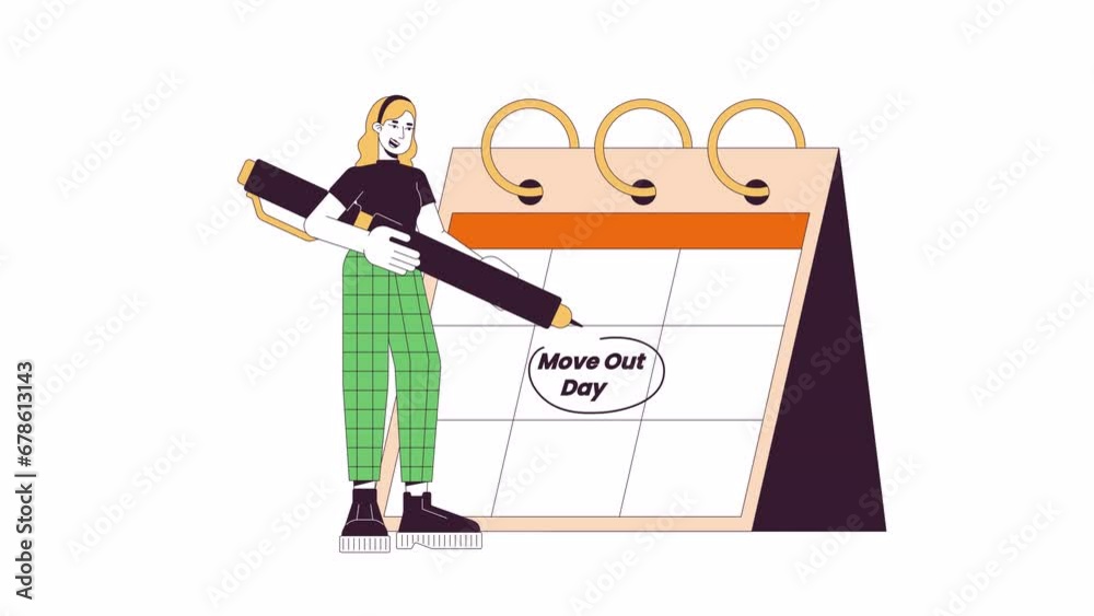 Moving day calendar date circled line 2D animation. Caucasian girl ...