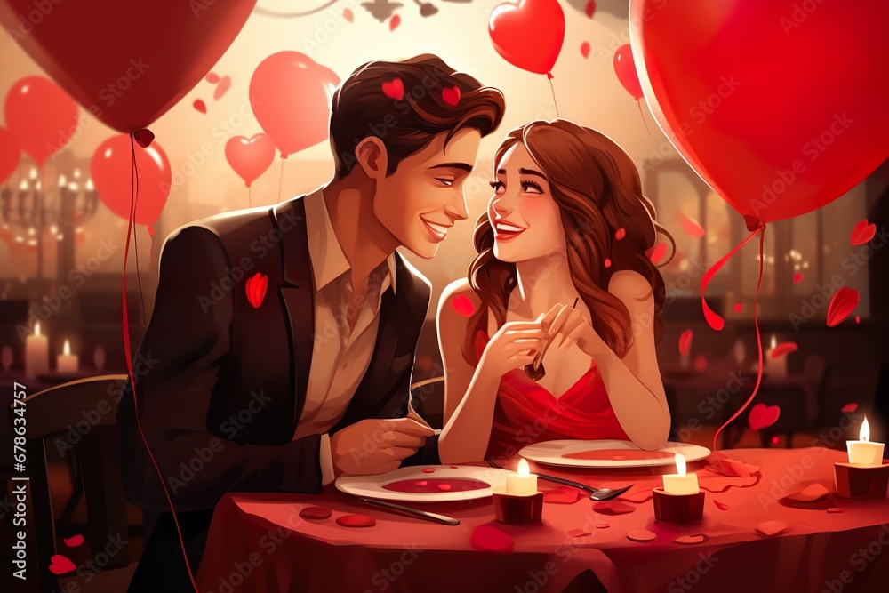 illustration of animated couple in love having dinner in romantic setup ...