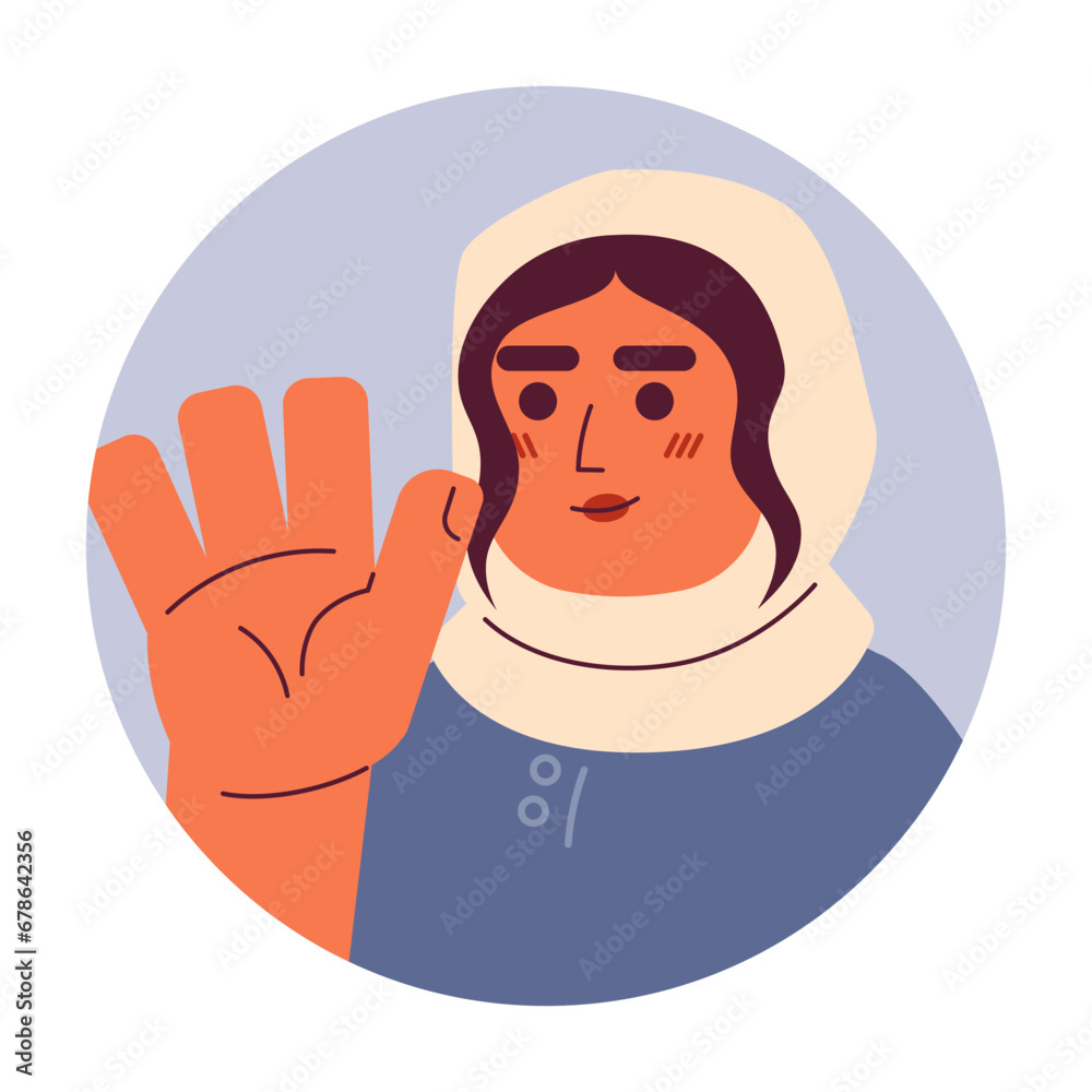 Adult hijab lady saying hi hello 2D vector avatar illustration. Goodbye ...