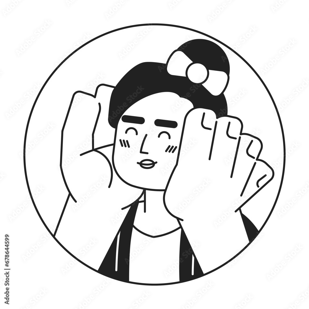 Caucasian young woman hands on cheeks smiling black and white 2D vector ...
