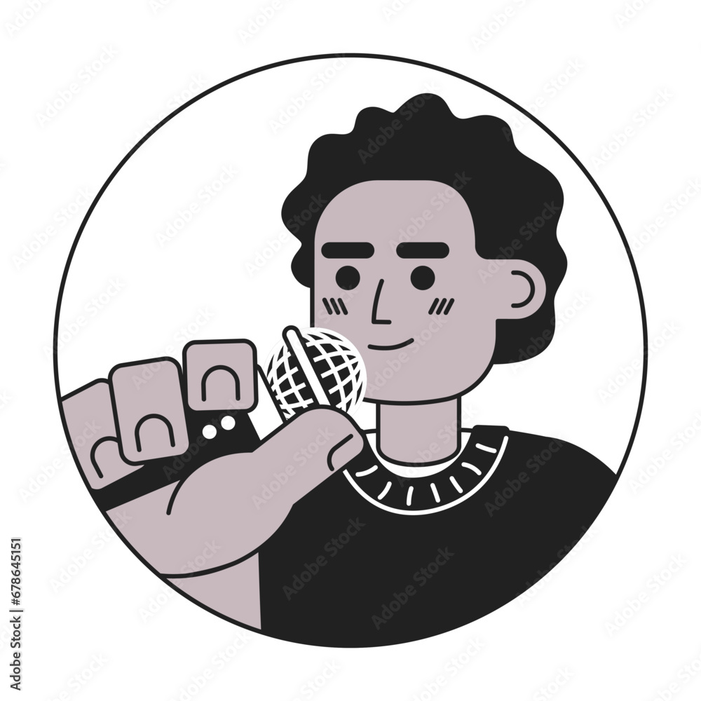 Young adult black man holding mic black and white 2D vector avatar ...